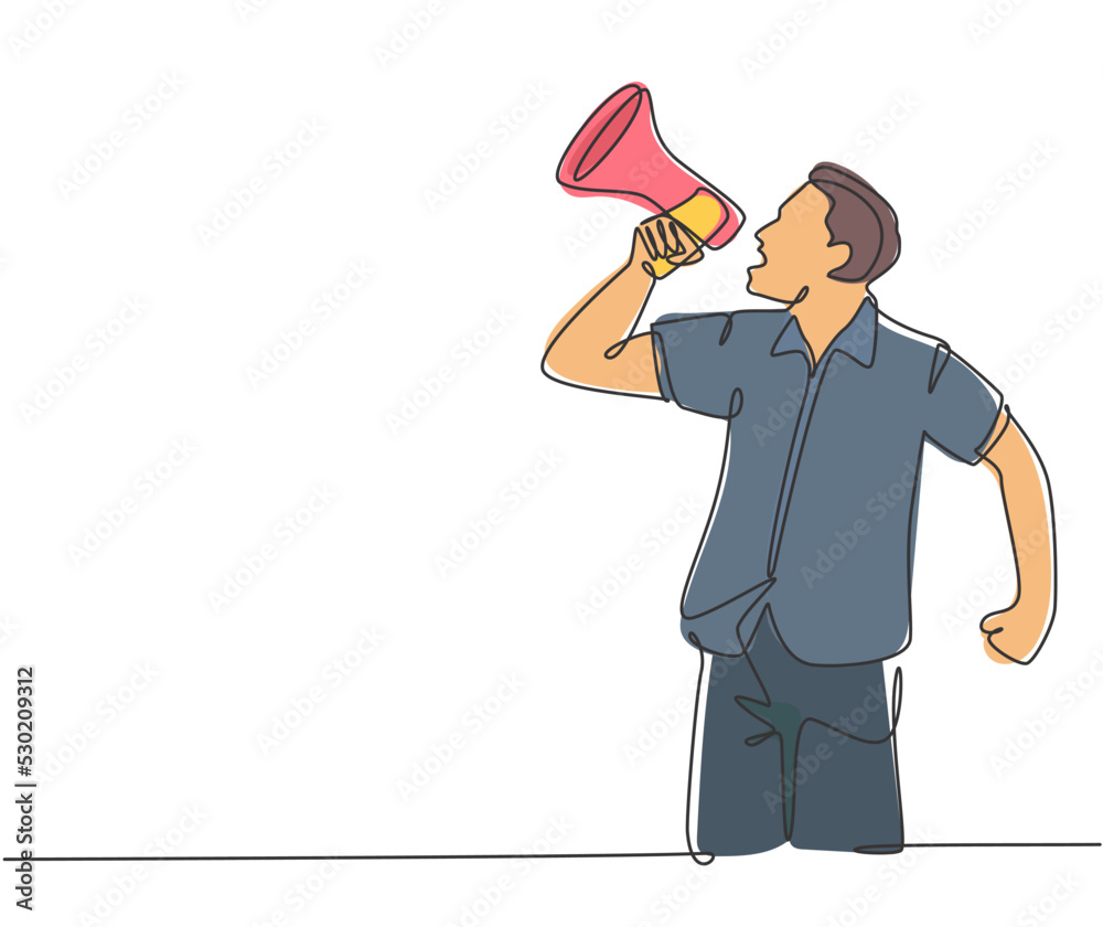 Single continuous line drawing of young eagerness businessman shouting ...