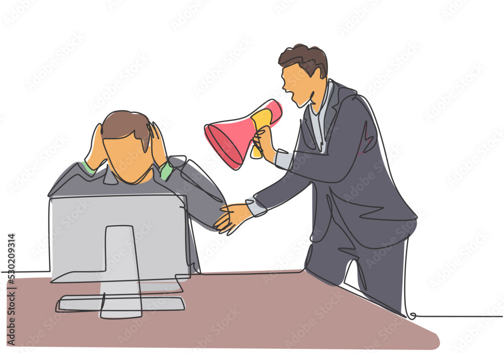 Single continuous line drawing of young frustrated manager shouting his ...