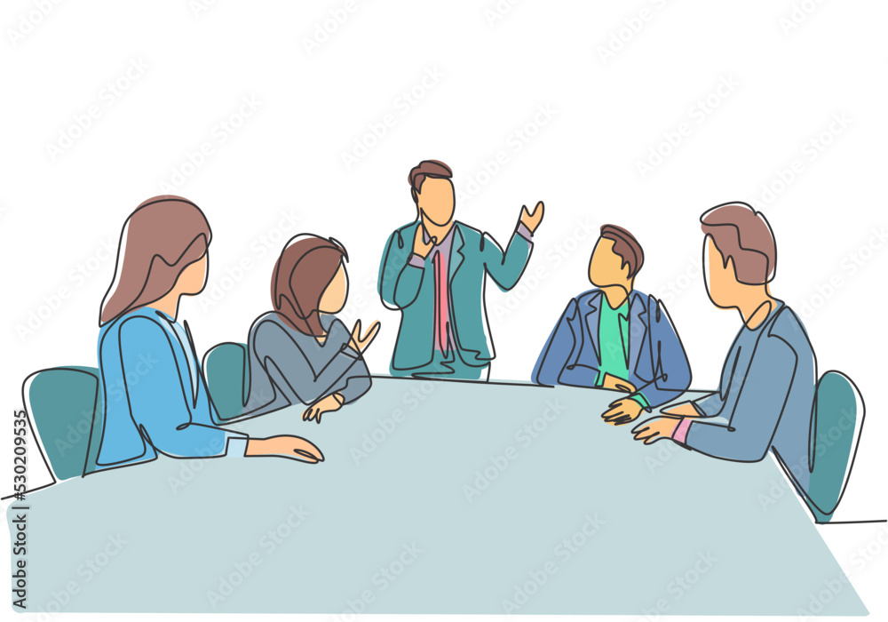 One continuous line drawing of young happy board of directors ...