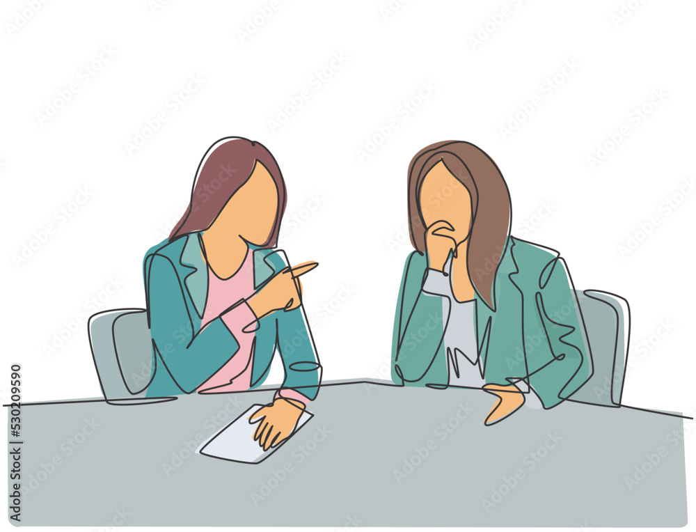 One continuous line drawing of two young happy business woman ...