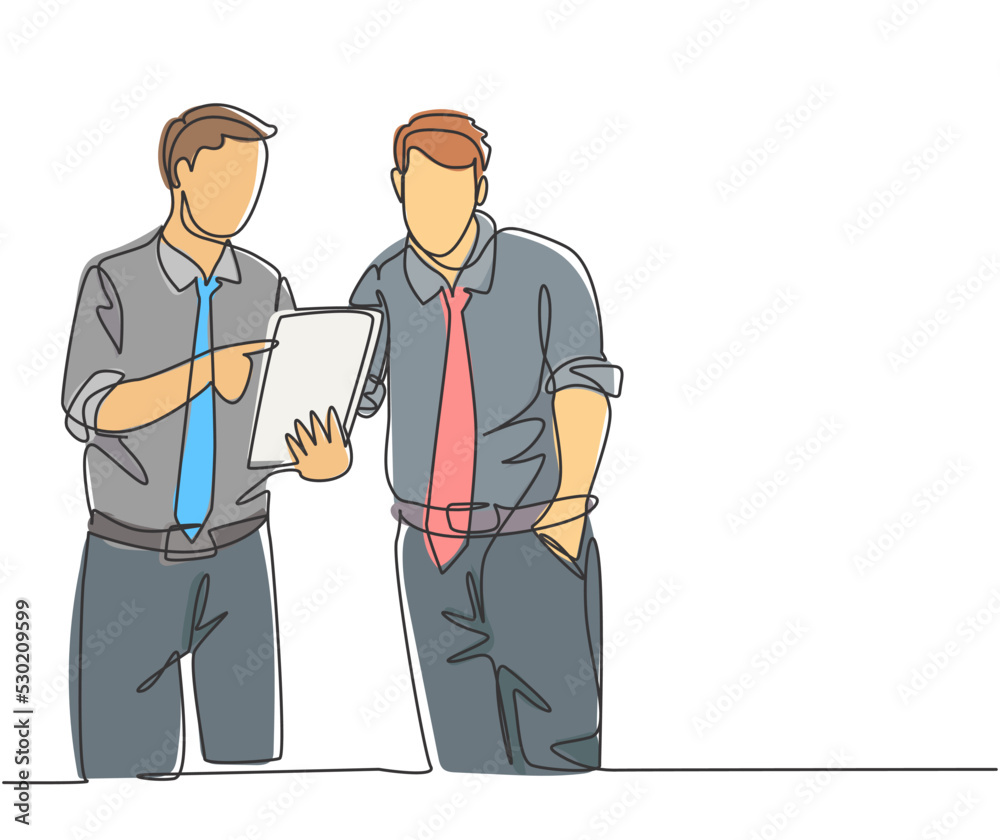 One continuous line drawing of young employee talking to his colleague ...