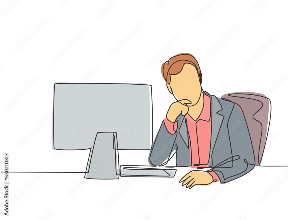 One continuous line drawing of young tired male employee pensive ...