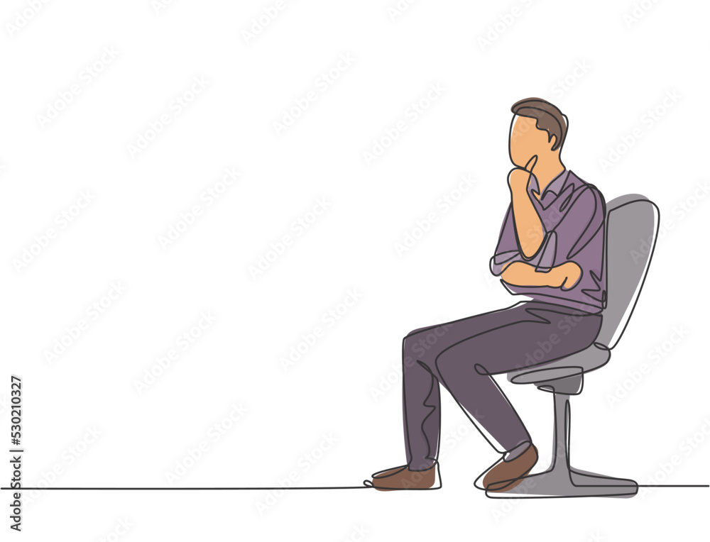 Single continuous line drawing of young male startup founder sitting on ...