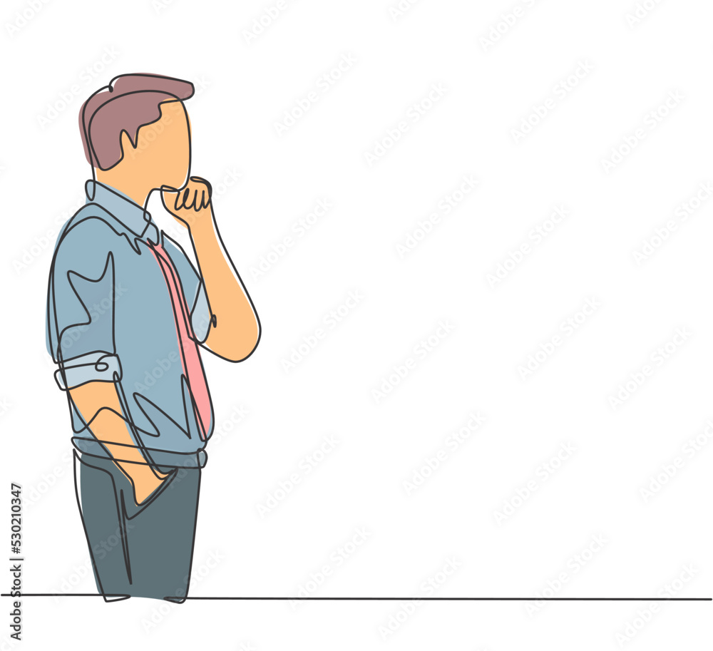 One single line drawing of young male worker seriously staring out of ...