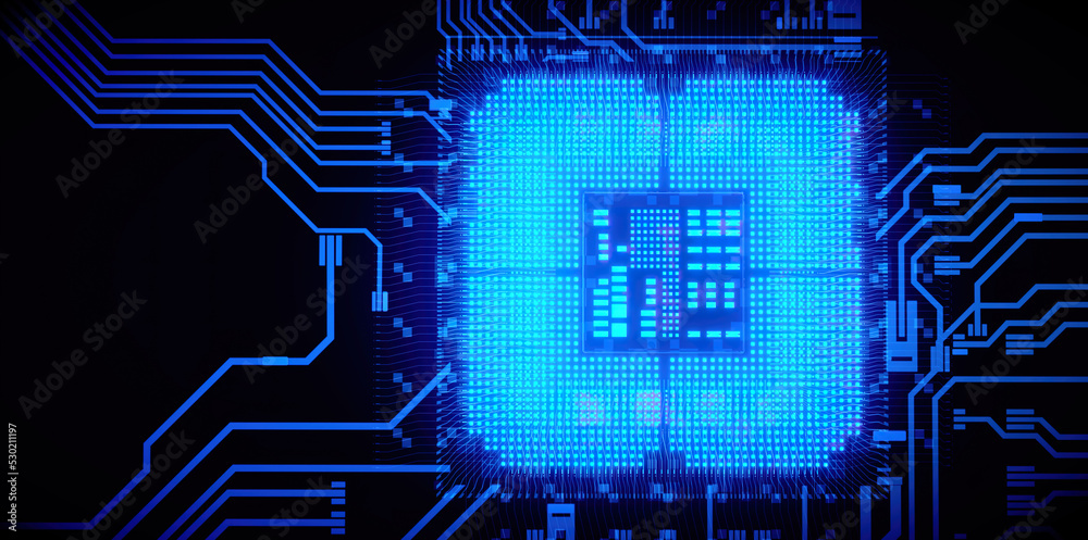 3D rendering of cyberpunk AI. Circuit board. Technology background ...