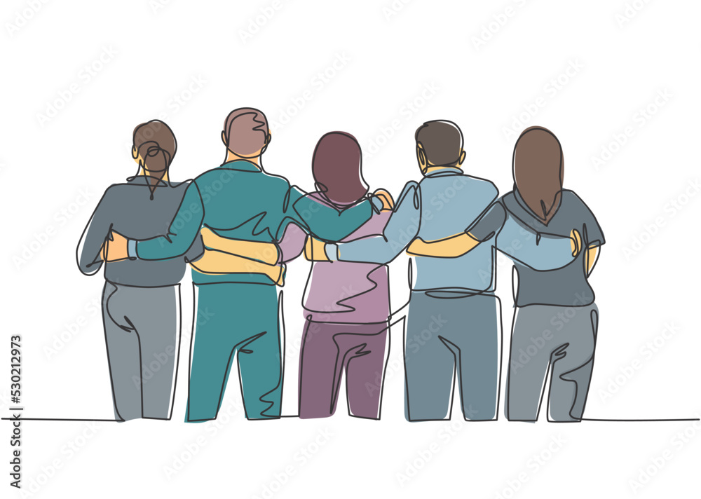 Single continuous line drawing about group of men and woman from multi ...