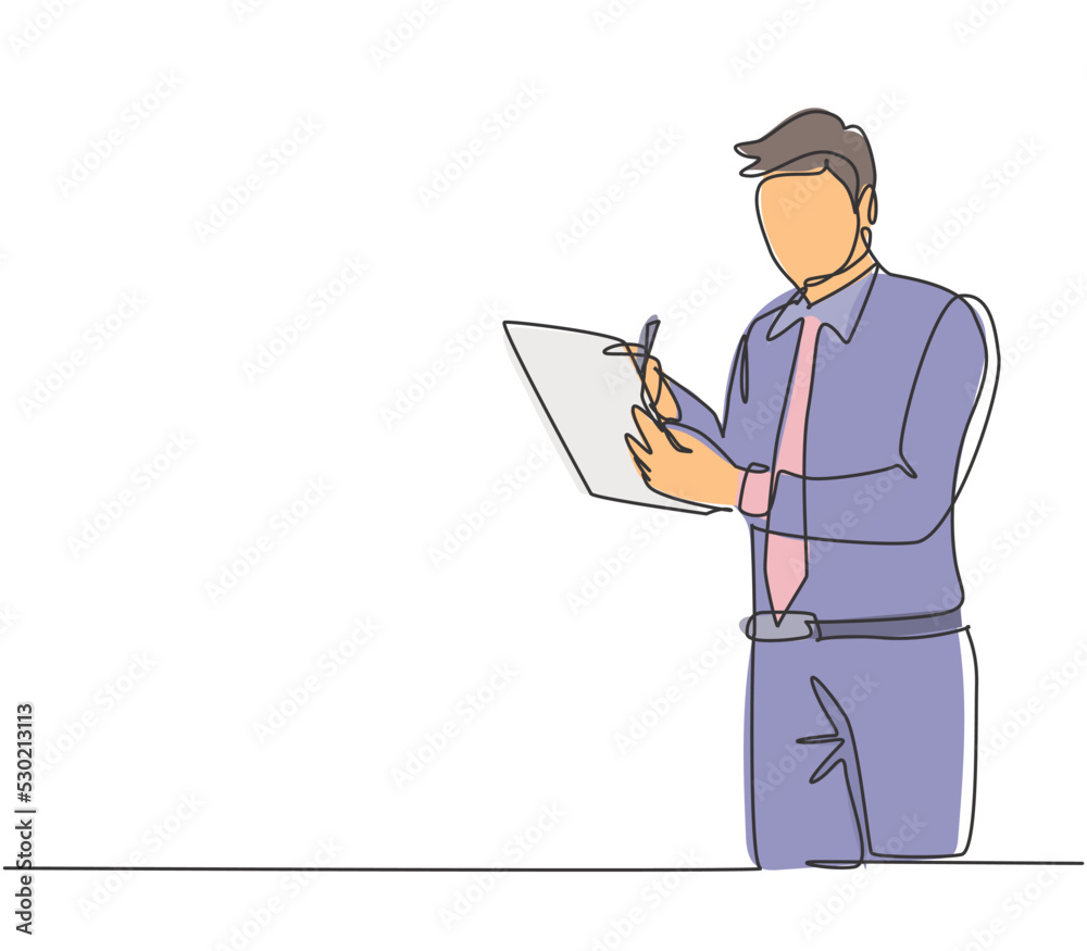 One continuous line drawing of young serious male manager standing and ...