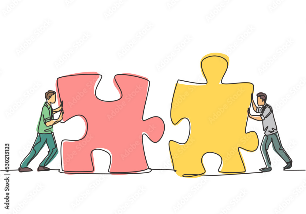 One continuous line drawing of two young businessmen push puzzle pieces ...