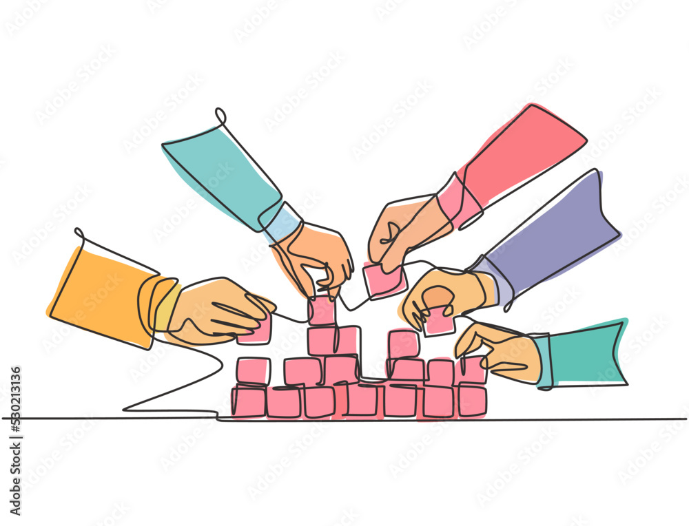 Single continuous line drawing of business team member arrange wooden ...