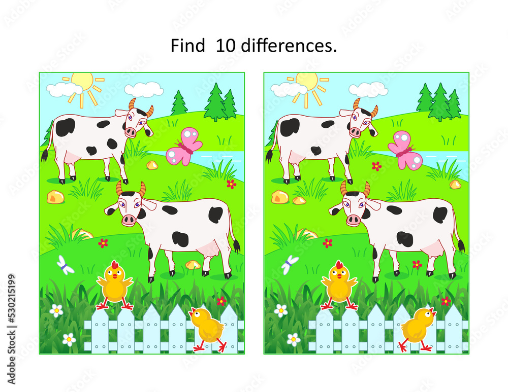 Find ten differences picture puzzle with milk cows grazing on the ...