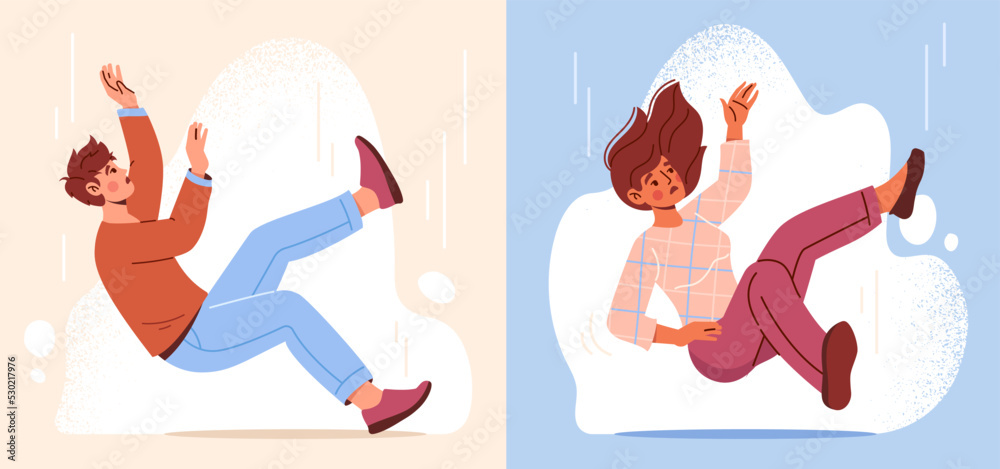 Set of Falling people. Shocked man and woman prompted or stumble and ...
