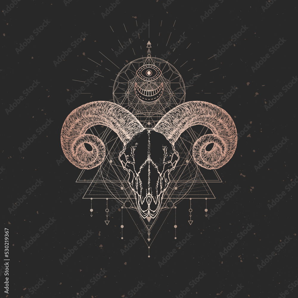 Vector illustration with hand drawn Ram skull and Sacred geometric ...