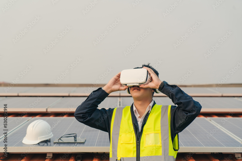 Asian man Engineer service use augmented reality (AR) technology for ...