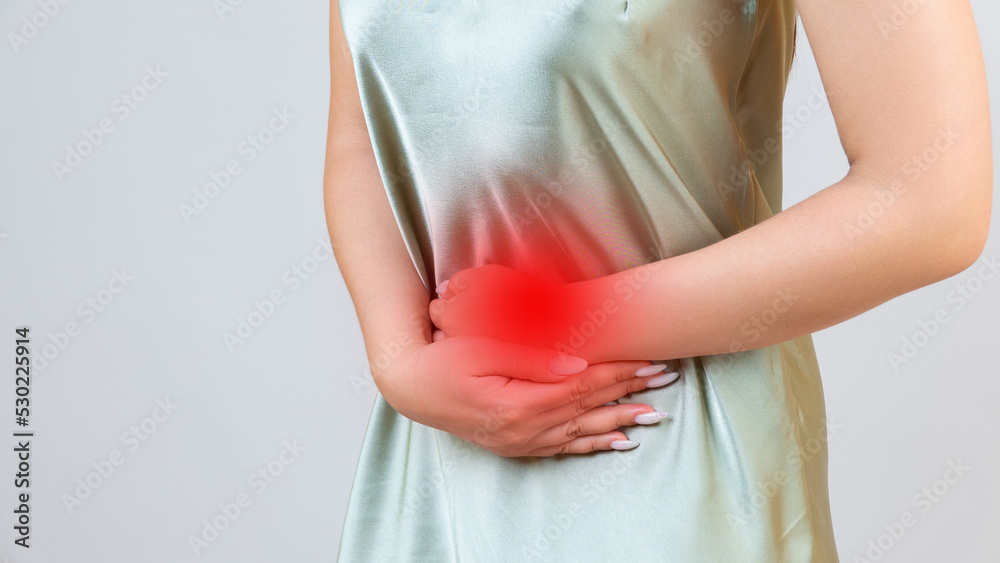 Menstrual pain, woman with stomachache suffering from pms ...