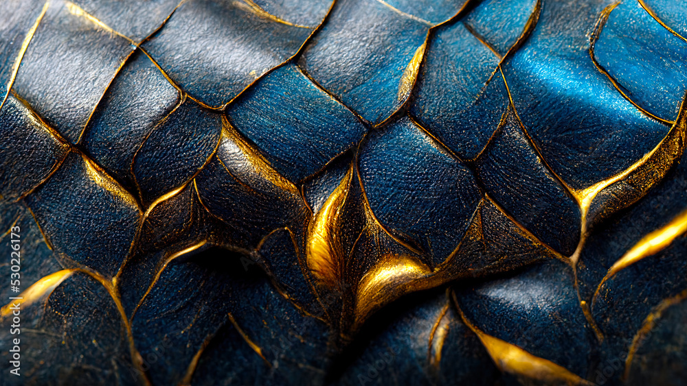 Blue and gold beast skin. Abstract leather wallpaper. Dragon scales ...