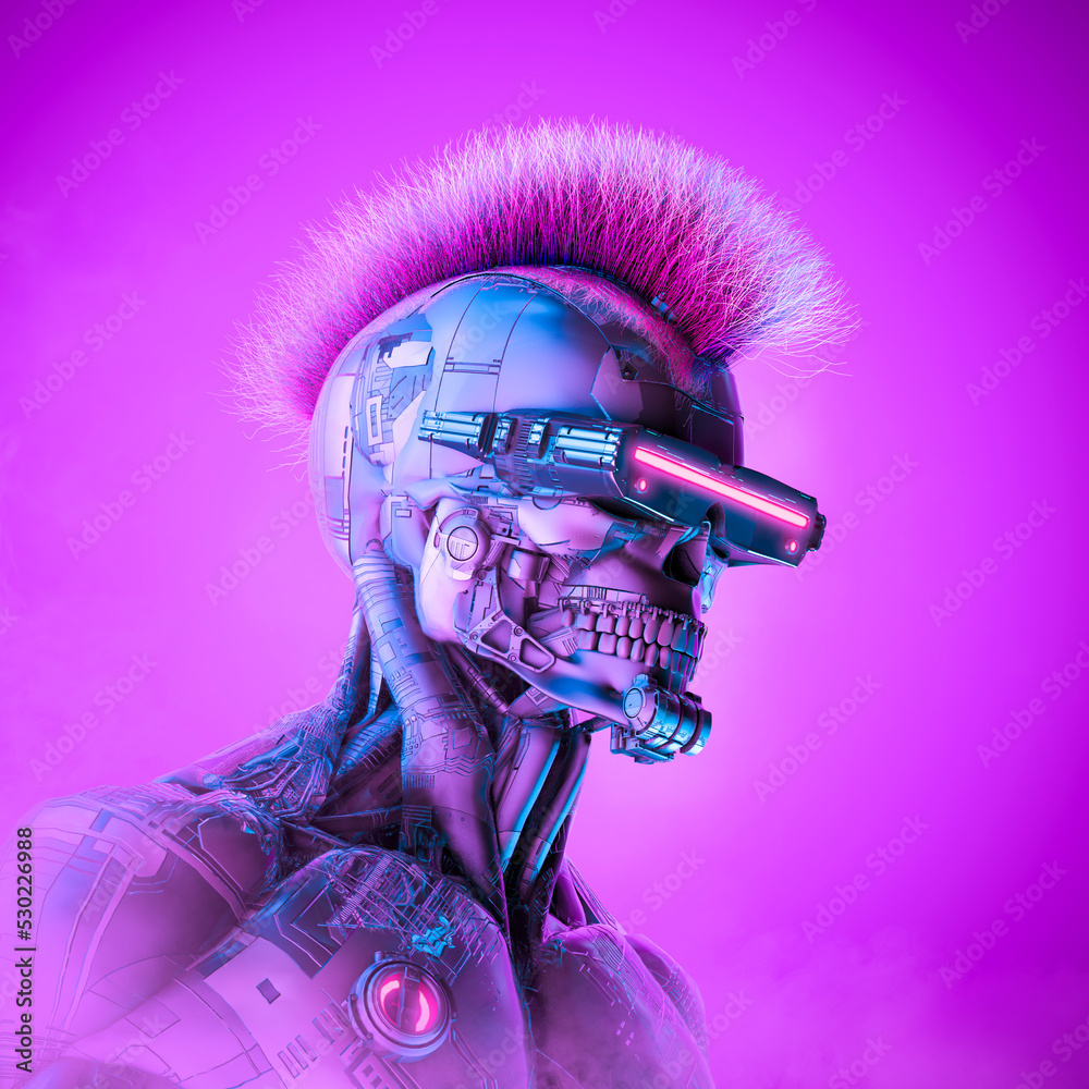 Cyberpunk robot criminal hacker - 3D illustration of science fiction skull faced cyborg with ...