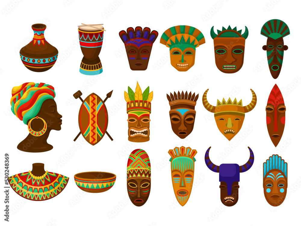 Authentic Symbols of Africa with Crockery, Drum and Wooden Mask with ...
