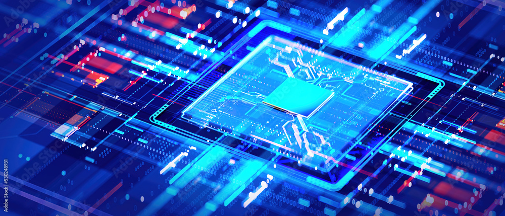 3D rendering of cyberpunk AI. Circuit board. Technology background ...