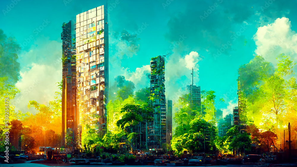 solarpunk modern skyline conceptual digital illustration, created with ...