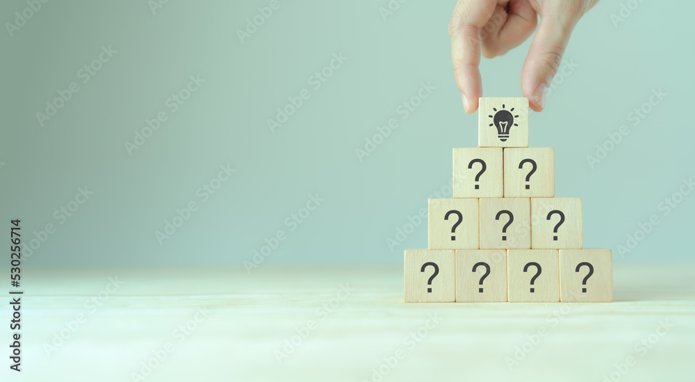 Question marks and light bulb symbolizing idea or solution. Problem ...