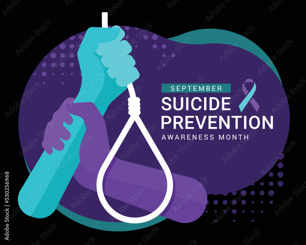 Suicide prevention awareness month text and ribbon sign, hand hold hand ...