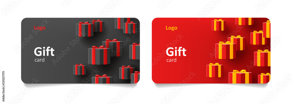 Vecteur Stock Gift card voucher template with 3d pattern of gift boxes ...
