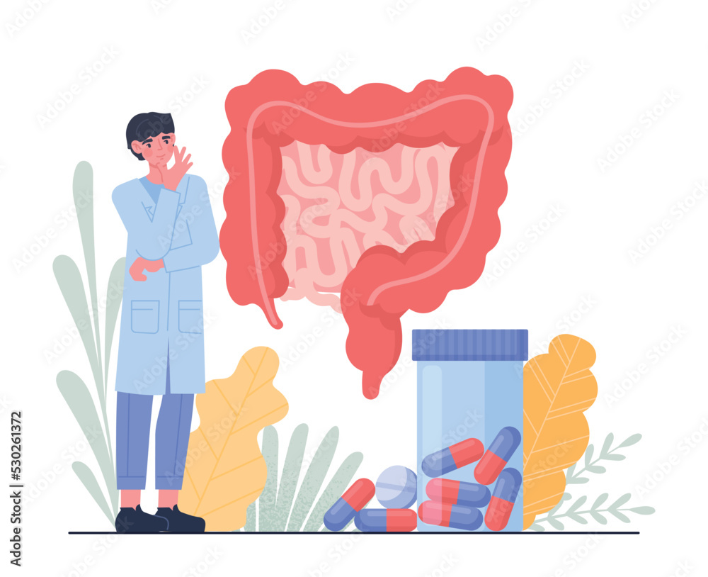 Gut health concept. Man evaluates work of internal organs. Health care ...
