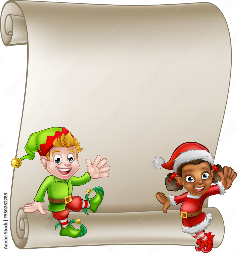 Christmas Elf Cartoon Characters Scroll Sign Stock Illustration | Adobe ...