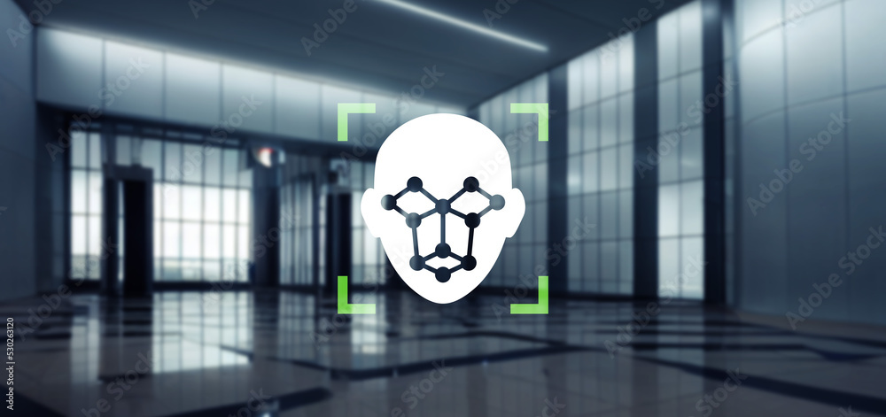 Facial recognition icon and entrance gate background. Biometrics. Stock ...