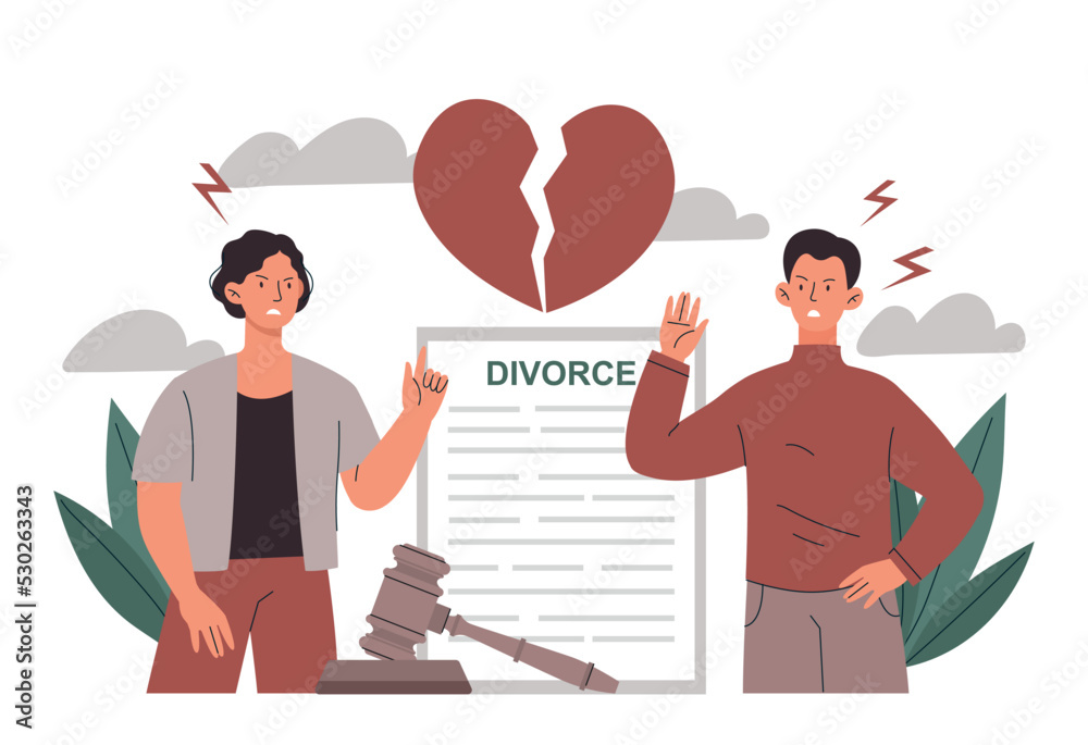 Concept of divorcement. Man and woman in court break marriage contract ...