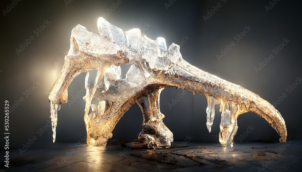 Dinosaur skull and jaws frozen in ice with studio lighting 3d render ...