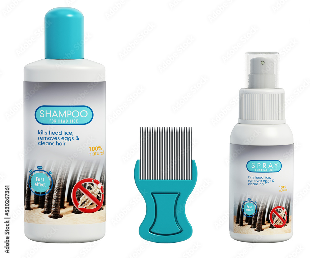 Hair lice shampoo, spray and metal lice comb on transparent background ...