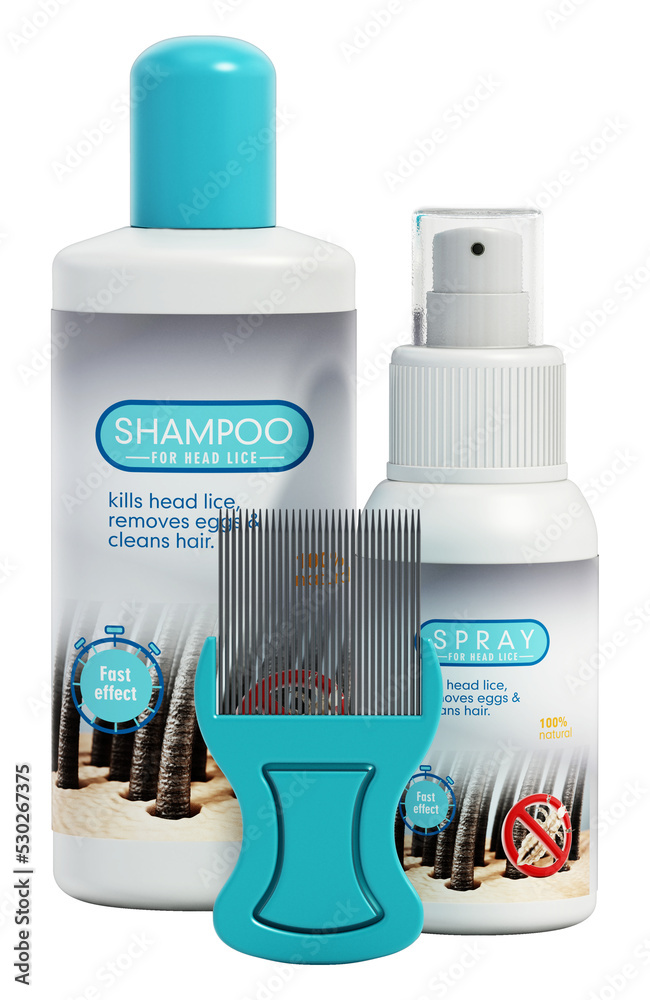 Hair lice shampoo, spray and metal lice comb on transparent background ...