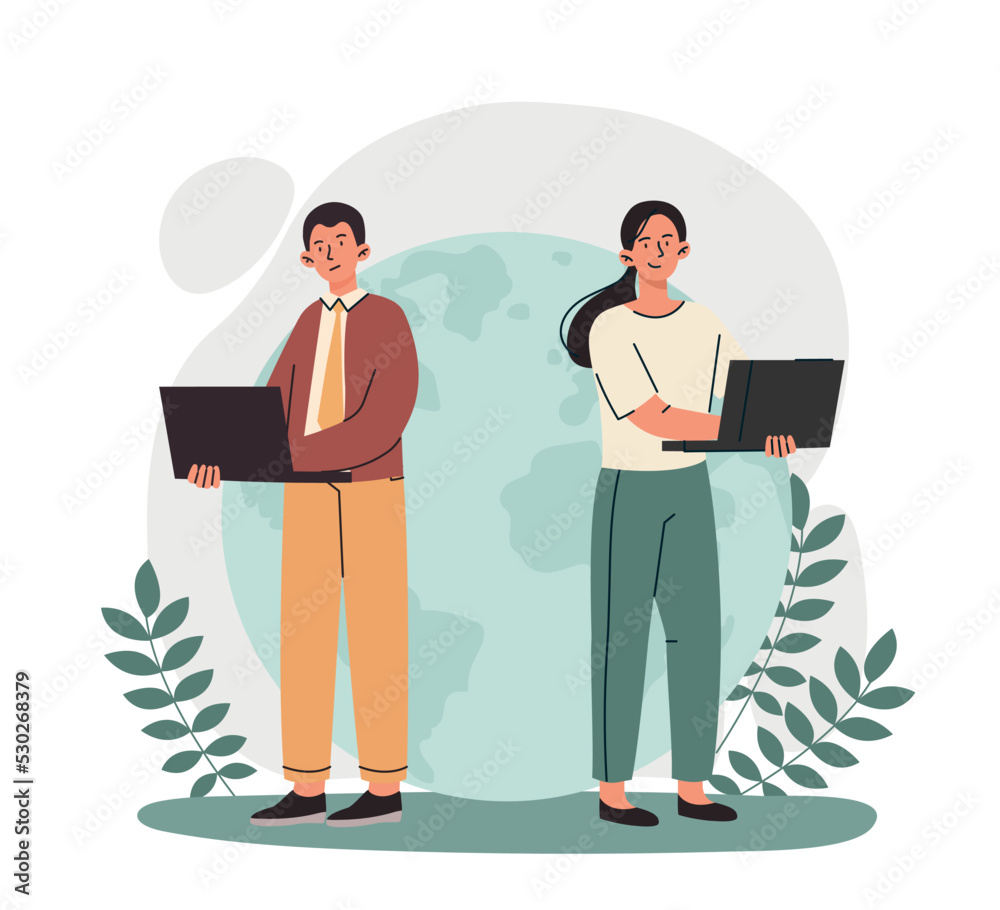 Man and woman with laptop. Remote job concept, freelancers and ...