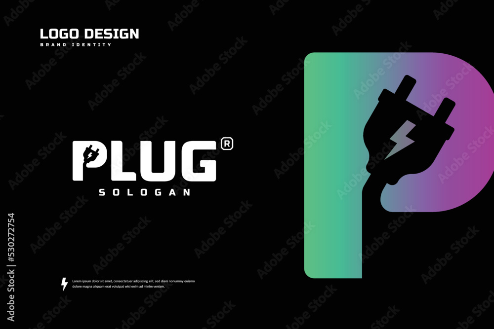 Initial letter P logo with plug cable inside. Lettering logo negative ...