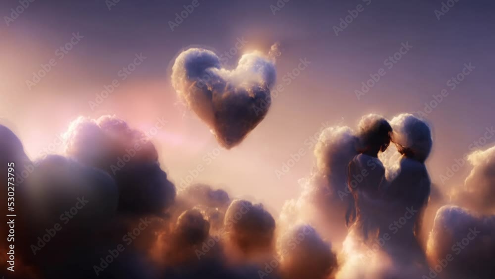 Above the fluffy sunset sky, we see a couple in love made from clouds ...