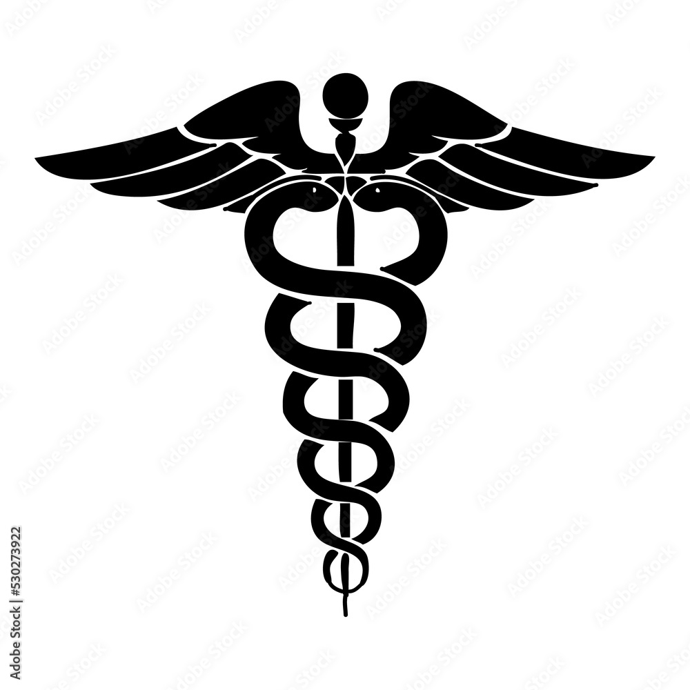 Símbolo caduceo con silueta de culebra con alas y bastón aislado Stock ...