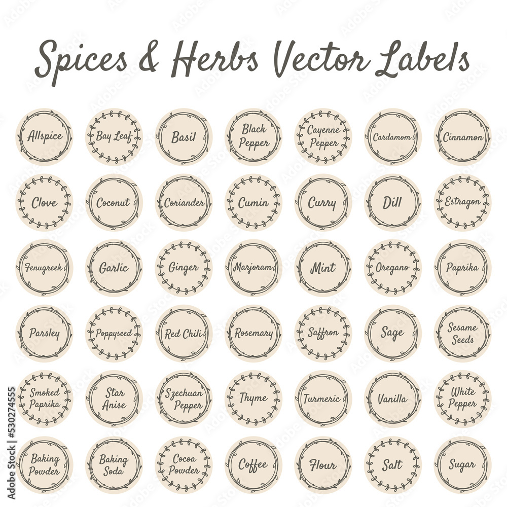 Spices and herbs vector label set for kitchen jar. Spice circle vintage ...