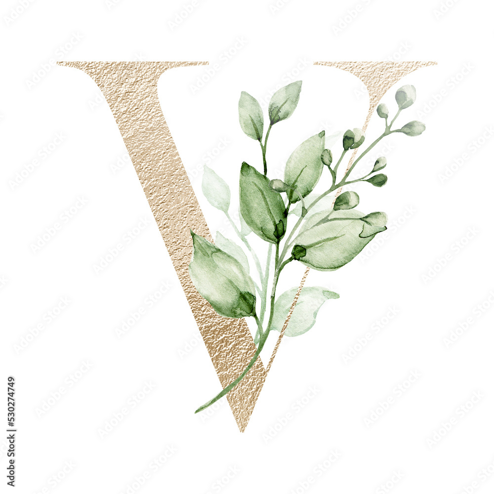 Floral alphabet, letter V with watercolor flowers and leaf. Monogram ...