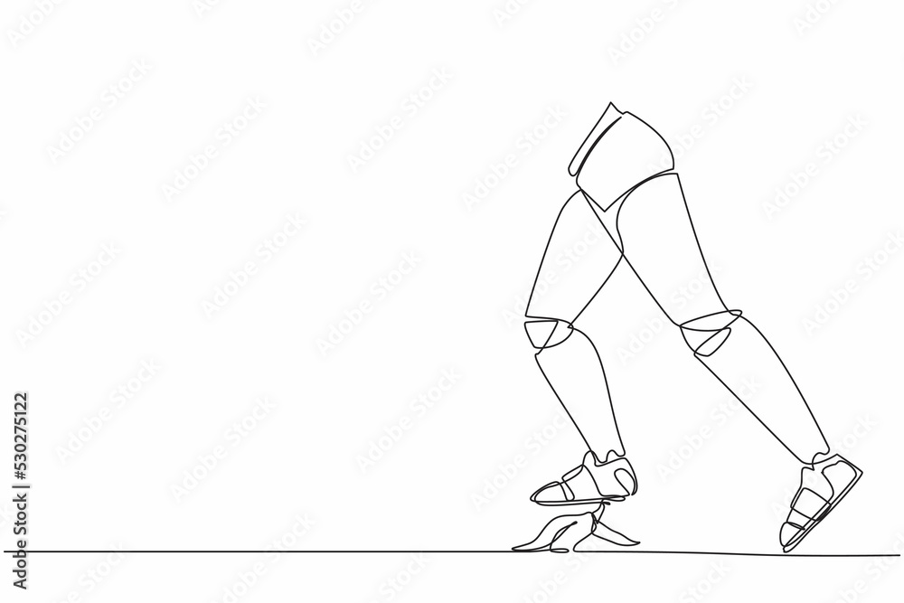 Continuous one line drawing of unlucky robot leg step on banana peel ...