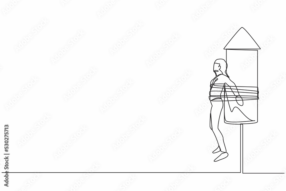 Single continuous line drawing businesswoman being fired and tied to ...