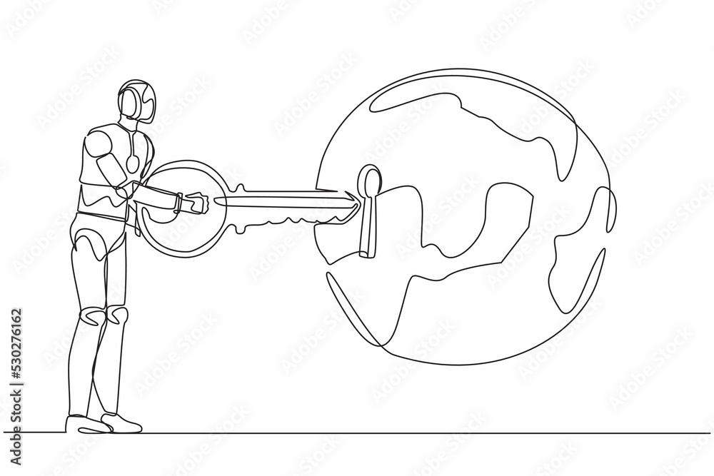 Continuous one line drawing robot putting key into globe. Global ...