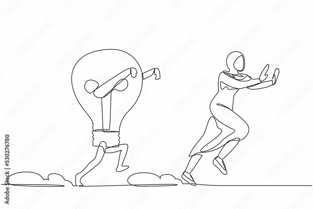 Single one line drawing fright Arab businesswoman being chased by light ...