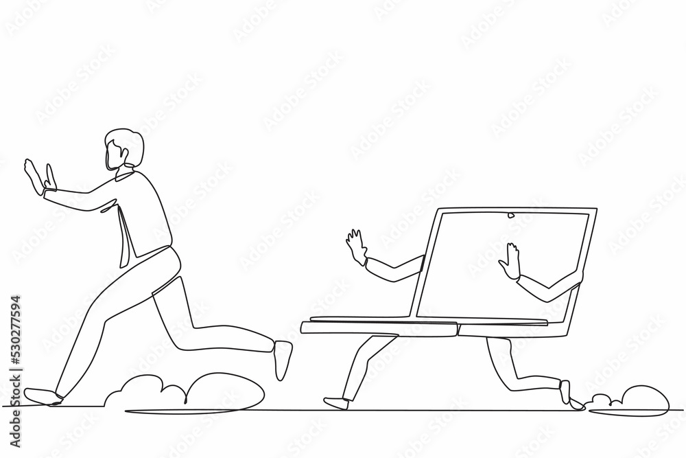 Continuous one line drawing stressed businessman being chased by laptop ...