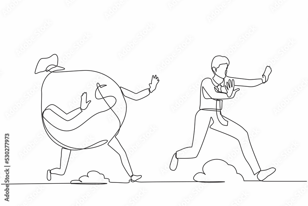 Continuous one line drawing stressed businessman being chased by money ...