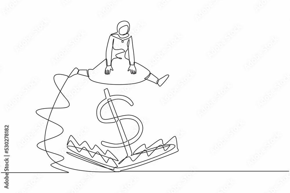 Single one line drawing Arabian businesswoman jumping over money ...