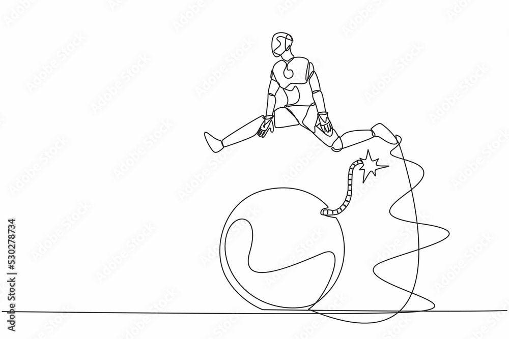 Continuous one line drawing robot jumping over bomb. Explosion of the ...