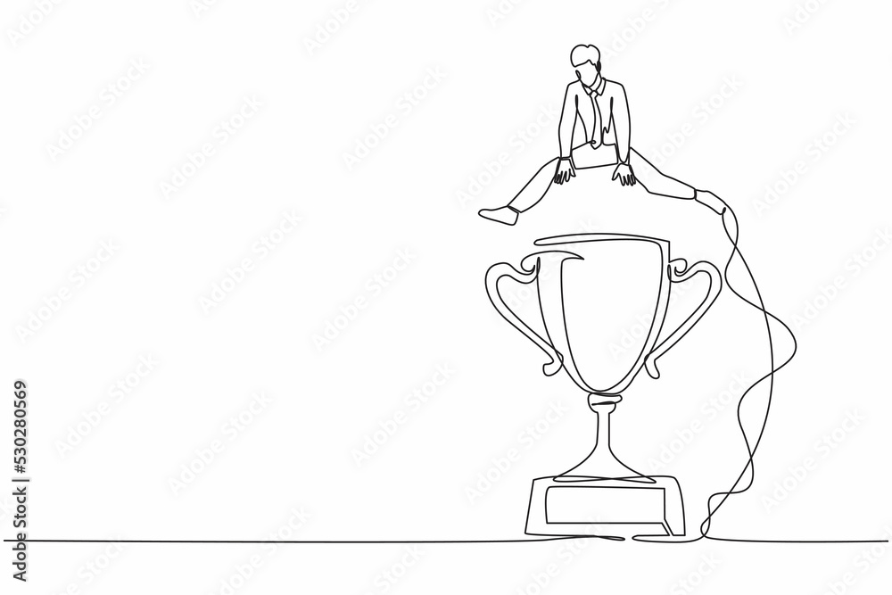 Single one line drawing businessman jumping over big trophy. Success or ...