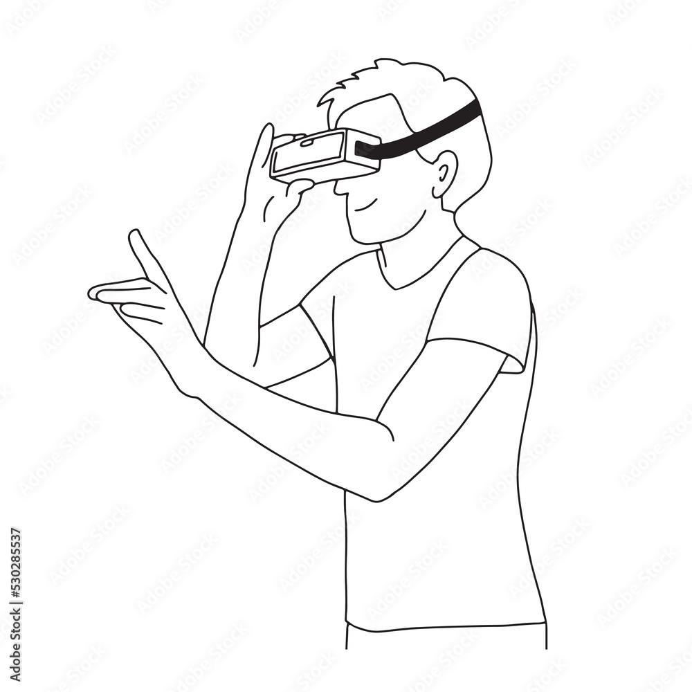 Vector illustration of a person holding virtaul reality glasses. VR ...