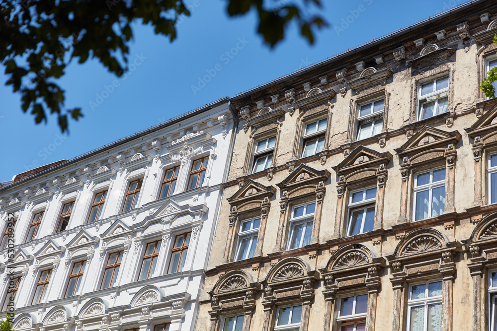 Old facade of old style building before and after renovation Stock ...